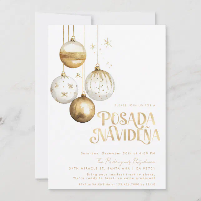 Mexican Posada Navideña Gold White Ornaments Invitation | Zazzle