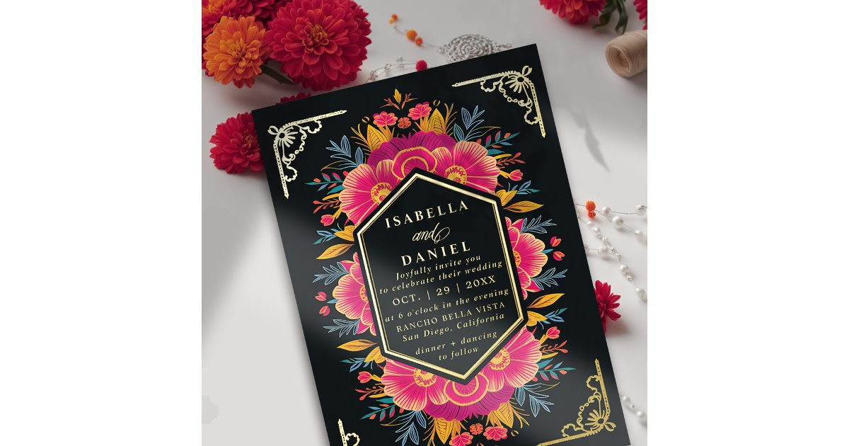 Mexican Rancho Bold Rustic Flowers Gold Wedding Foil Invitation | Zazzle