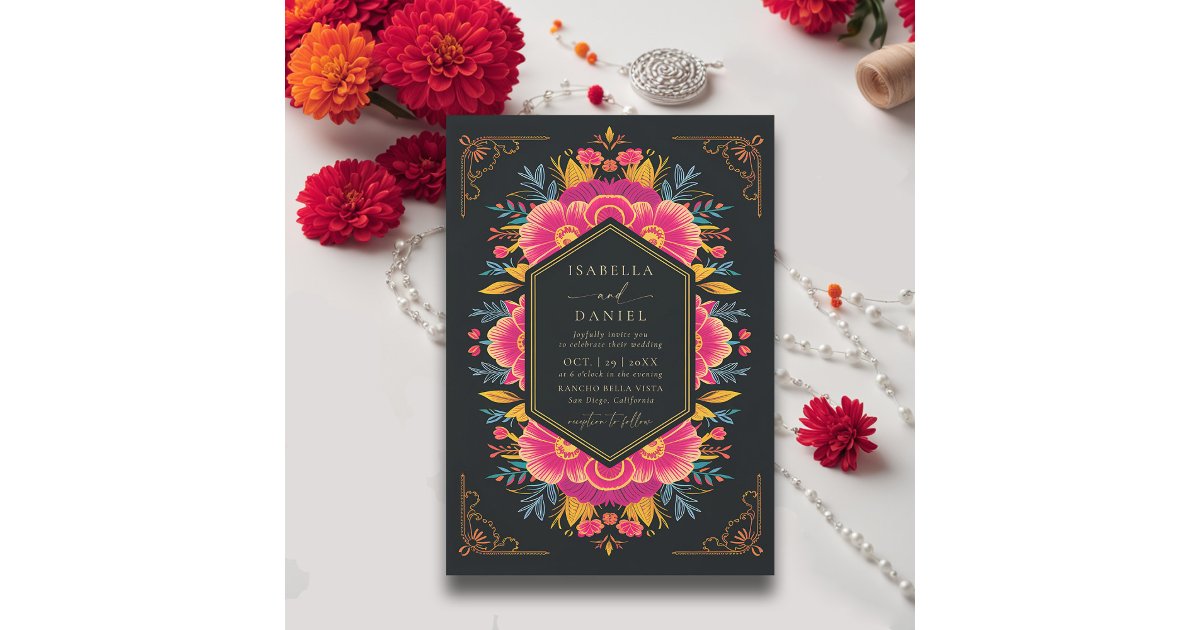Mexican Rancho Bold Rustic Flowers Wreath Wedding Invitation | Zazzle