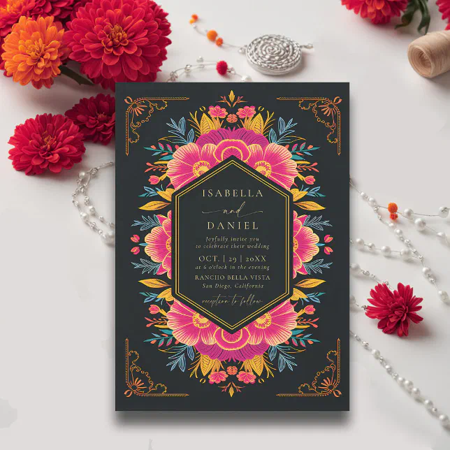 Mexican Rancho Bold Rustic Flowers Wreath Wedding Invitation | Zazzle