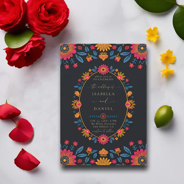 Mexican Rancho Colorful Flowers Wreath Wedding Invitation | Zazzle