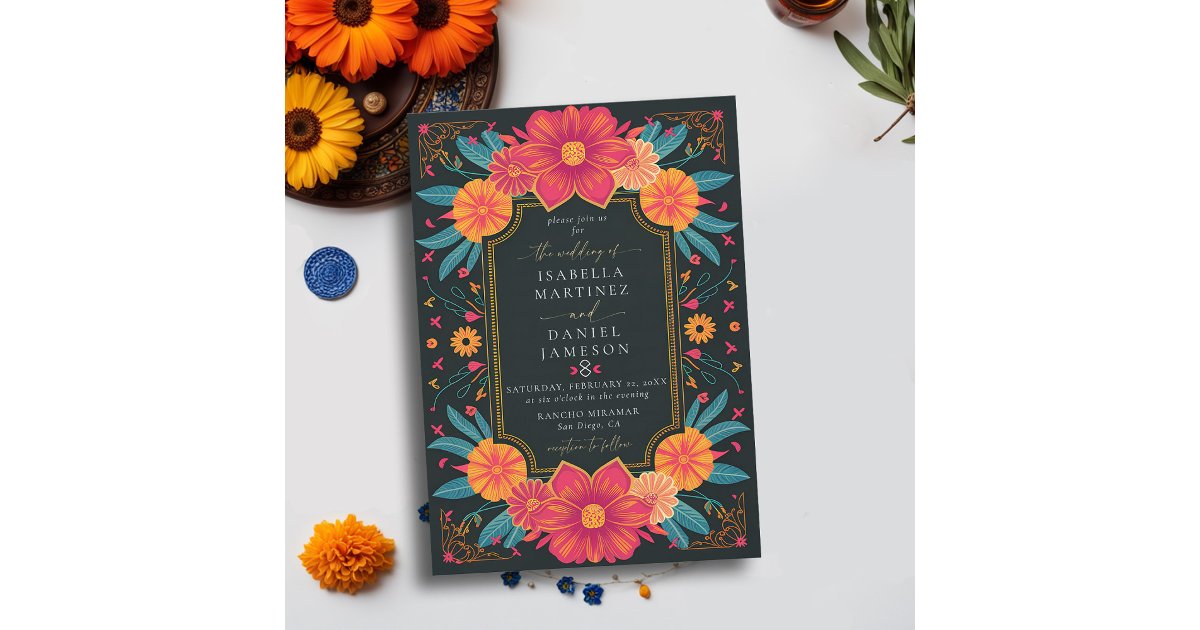 Mexican Rancho Elegant Bold Flowers Frame Wedding Invitation | Zazzle