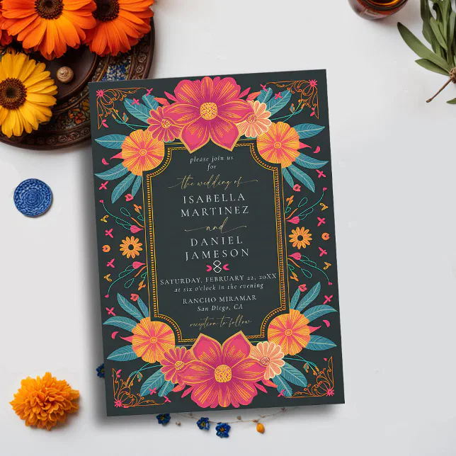 Mexican Rancho Elegant Bold Flowers Frame Wedding Invitation | Zazzle