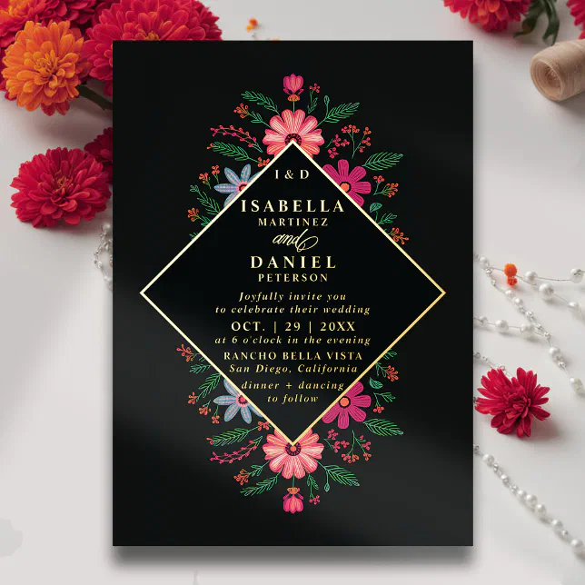 Mexican Rancho Modern Elegant Floral Gold Wedding Foil Invitation | Zazzle