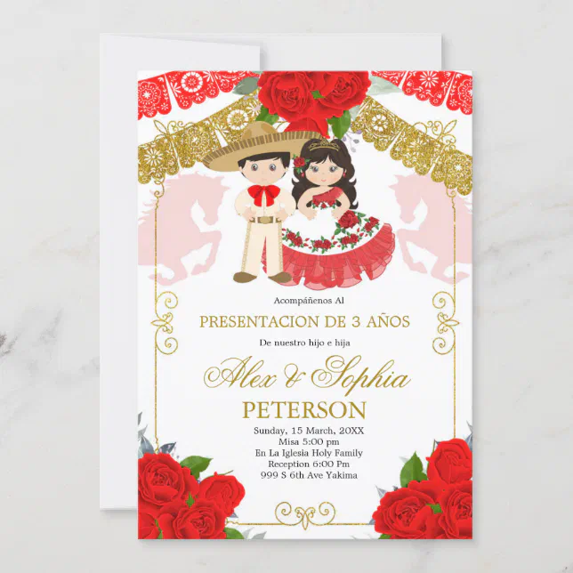 Mexican Red and Gold Roses Twin Los Tres Anos Invitation | Zazzle