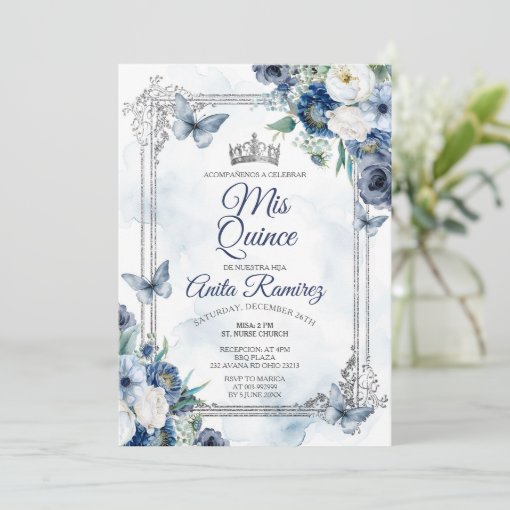 Mexican Silver Crown & Navy Blue Roses MIS QUINCE Invitation | Zazzle
