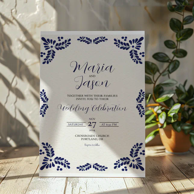 Mexican Talavera Blue Floral Minimalist Wedding Invitation | Zazzle