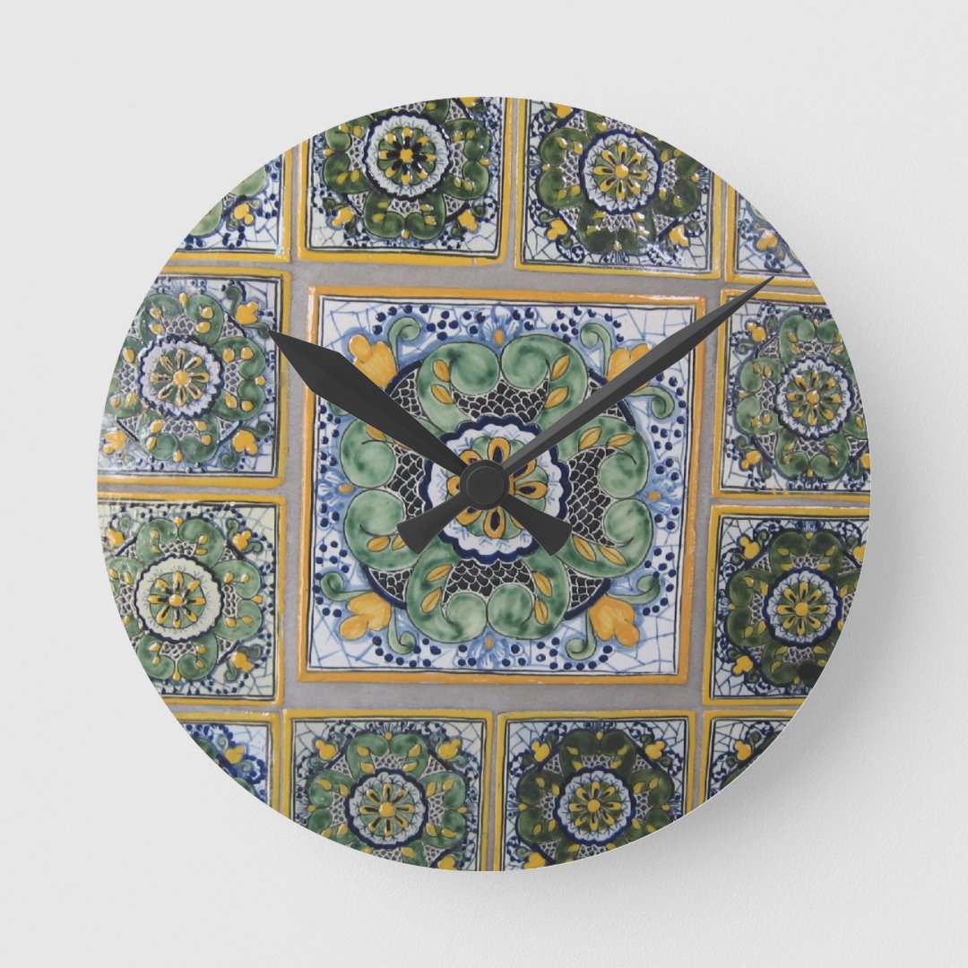 Mexican Talavera style tiles Round Clock | Zazzle