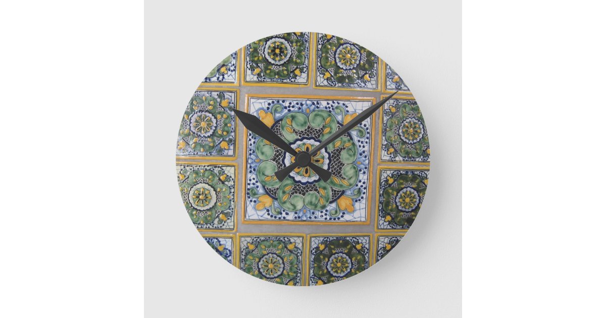 Mexican Talavera style tiles Round Clock | Zazzle