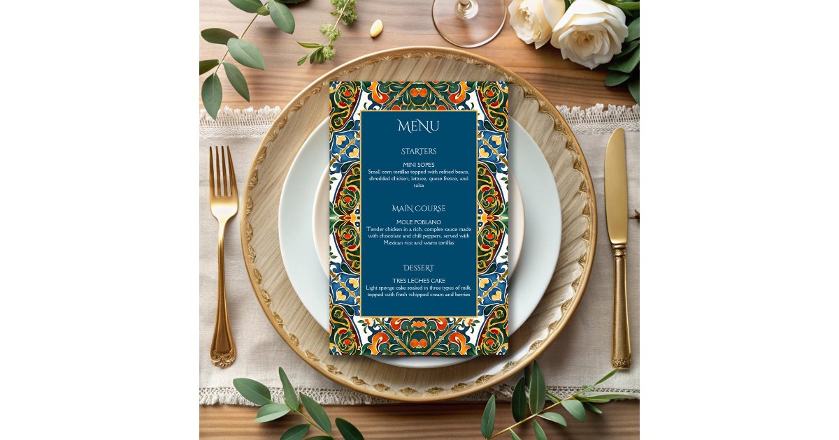Mexican Talavera teal elegant wedding menu | Zazzle