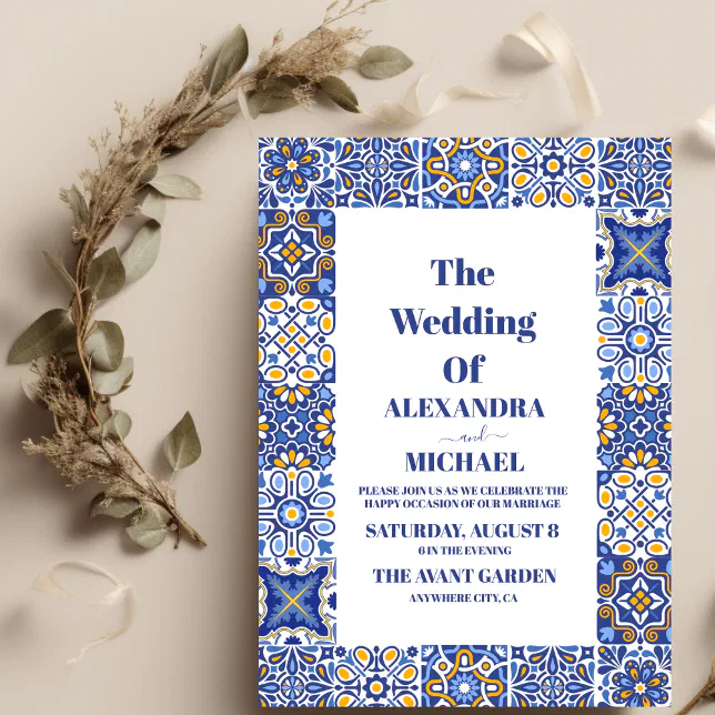 Mexican Tile Floral Wedding Invitation | Zazzle