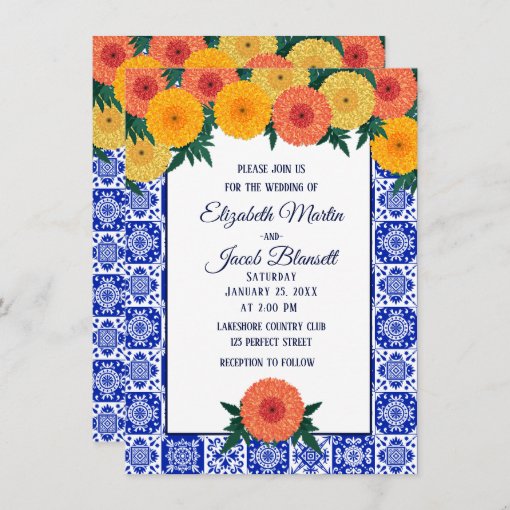 Mexican Tile Marigolds Wedding Invitation | Zazzle