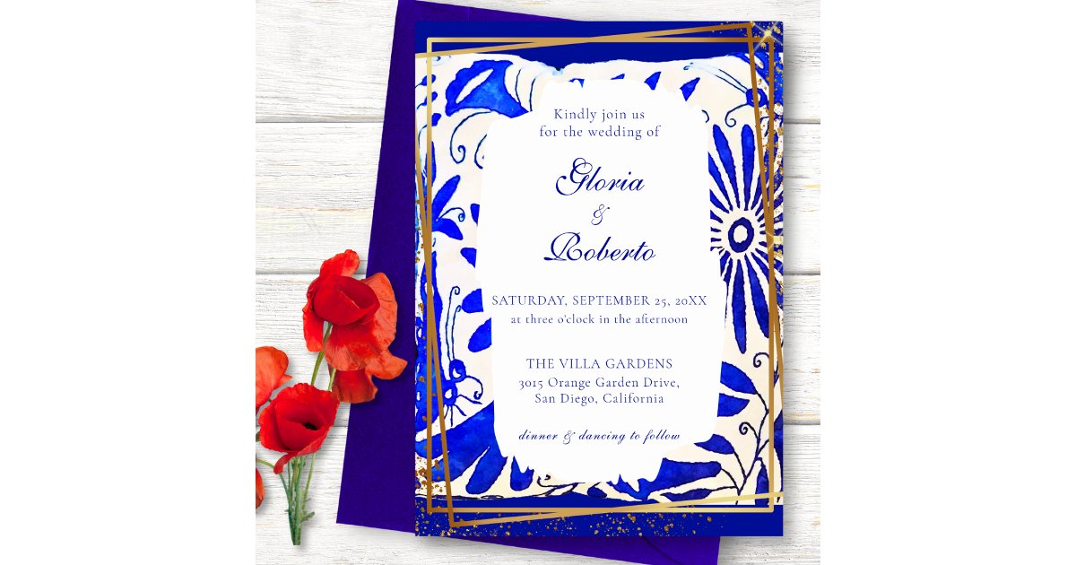 Mexican Wedding Talavera Blue & Golden Invitation | Zazzle