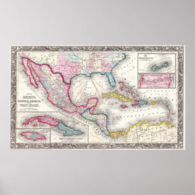 Mexico, Central America and Caribbean Map (1860) Poster | Zazzle