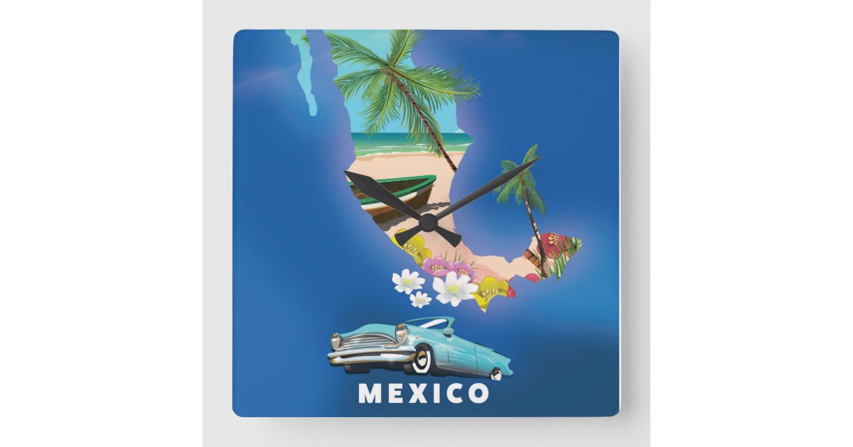 Mexico Map Illustration travel poster. Square Wall Clock | Zazzle