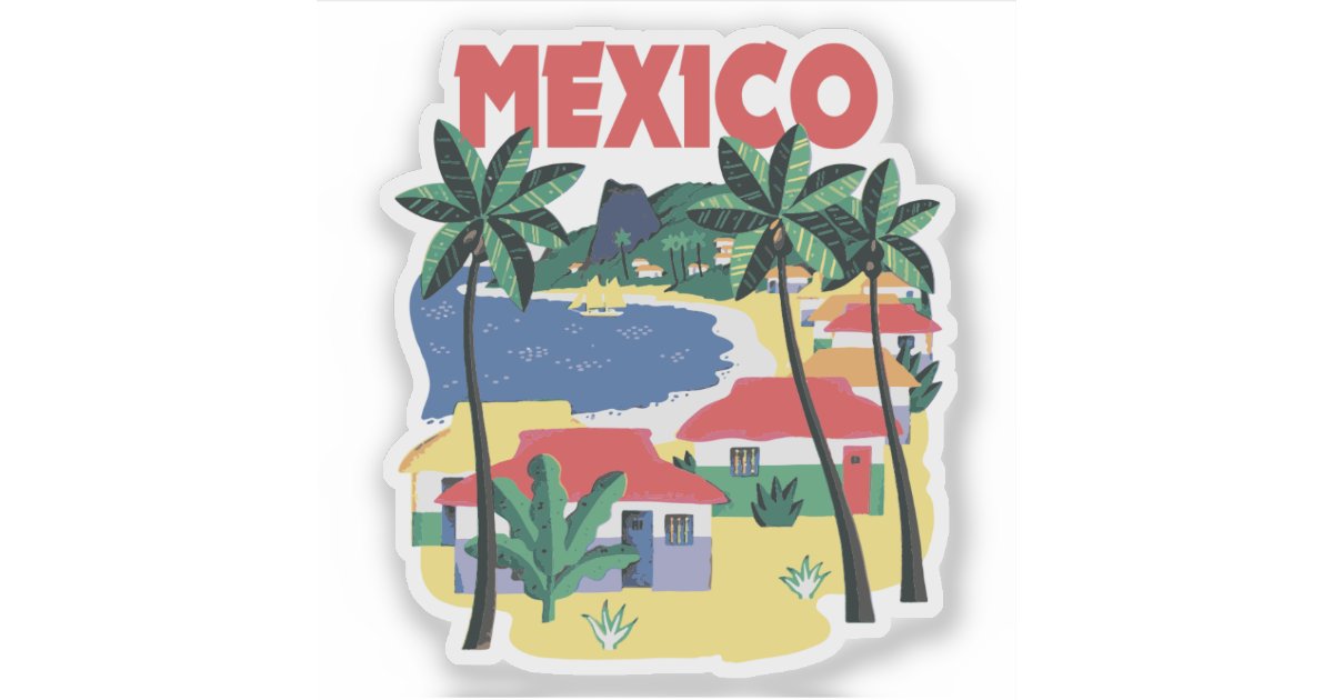 Mexico vintage travel illustrationwith beach scene sticker | Zazzle