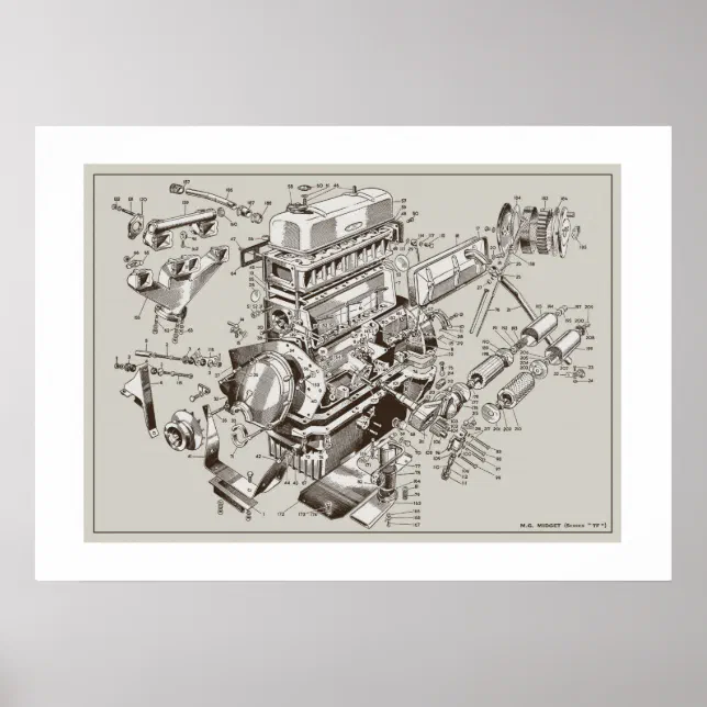 MG "TF" Engine Schematic Poster - OffWhite | Zazzle