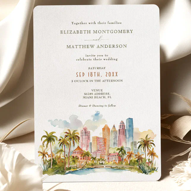 Miami Beach Destination with Watercolor Skyline Invitation | Zazzle