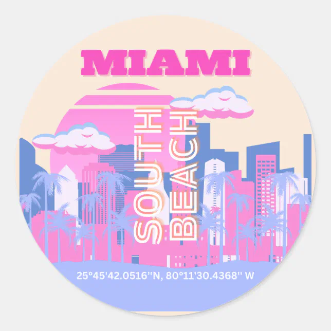 Miami Beach, Miami Travel Art, Preppy Classic Round Sticker | Zazzle