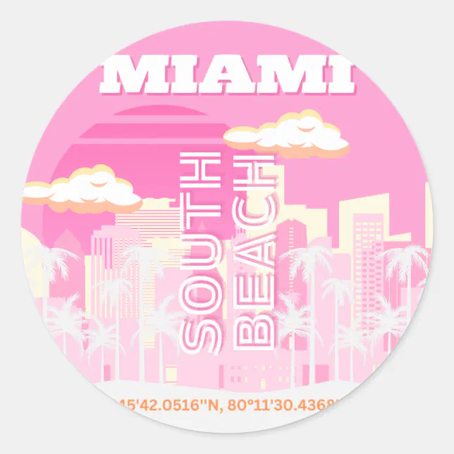 Miami Beach, Miami Travel Art, Preppy, Pink Classic Round Sticker | Zazzle