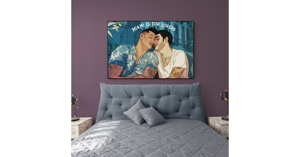 Miami Downtown Gay Men Cuddling Illustration Poster | Zazzle