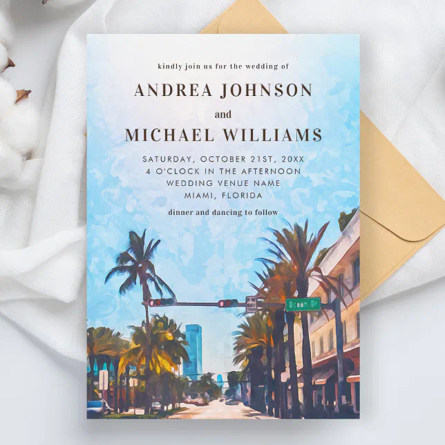 Miami Florida Watercolor City Destination Wedding Invitation | Zazzle