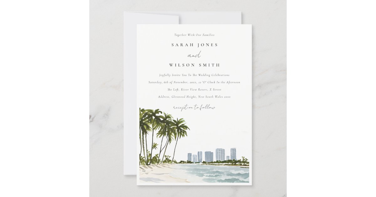 Miami Florida Watercolor Palm Landscape Wedding Invitation | Zazzle