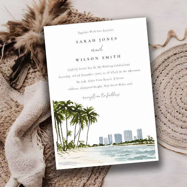 Miami Florida Watercolor Palm Landscape Wedding Invitation | Zazzle