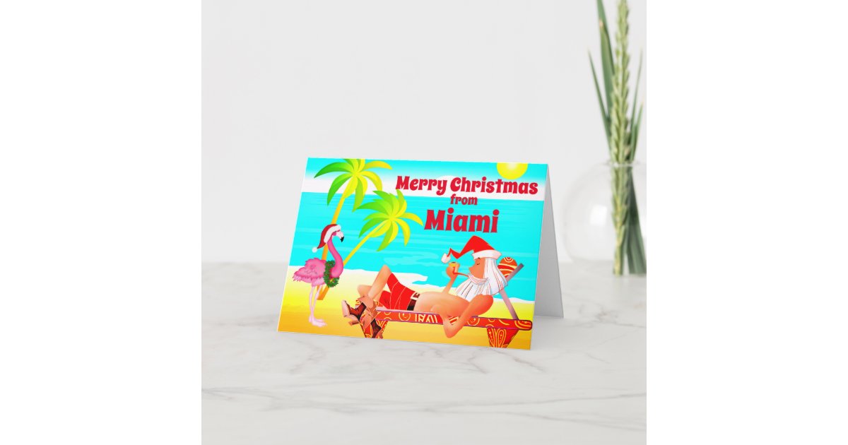 Miami Merry Christmas Santa and Flamingo Beach Holiday Card | Zazzle