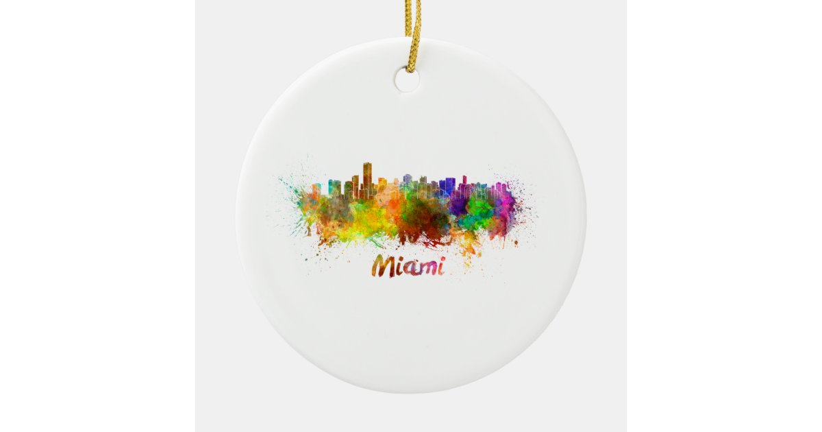 Miami skyline in watercolor ceramic ornament | Zazzle