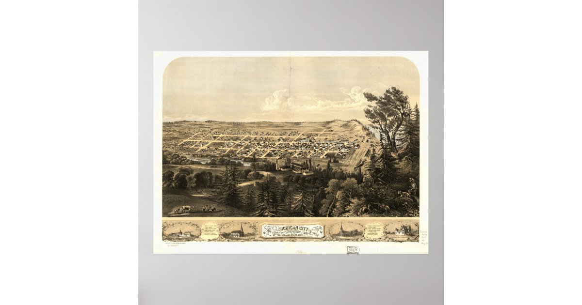 Michigan City Indiana 1869 Antique Panoramic Map Poster | Zazzle