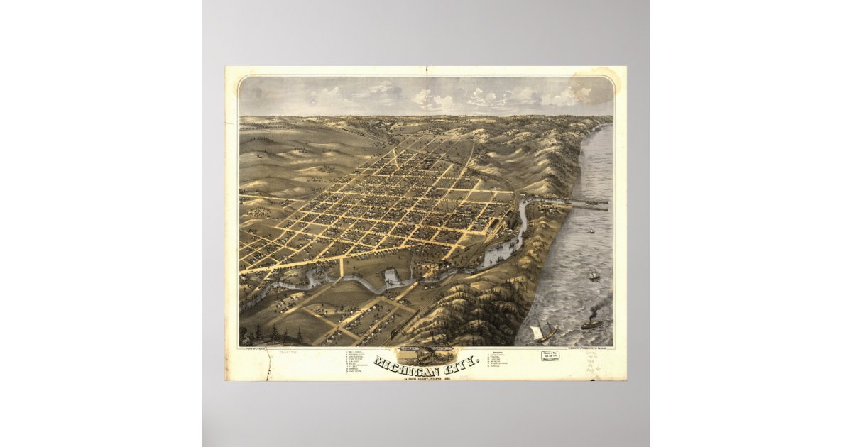 Michigan City Indiana 1869 Antique Panoramic Map Poster | Zazzle