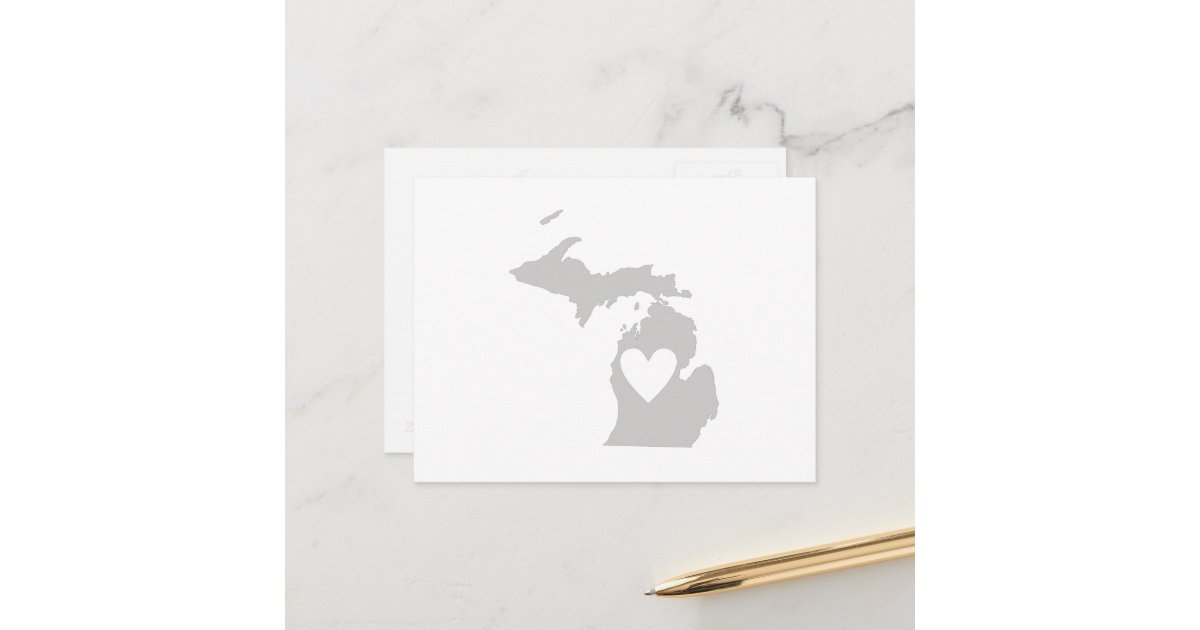 Michigan Gray State Map Shape with Heart Cutout Postcard | Zazzle