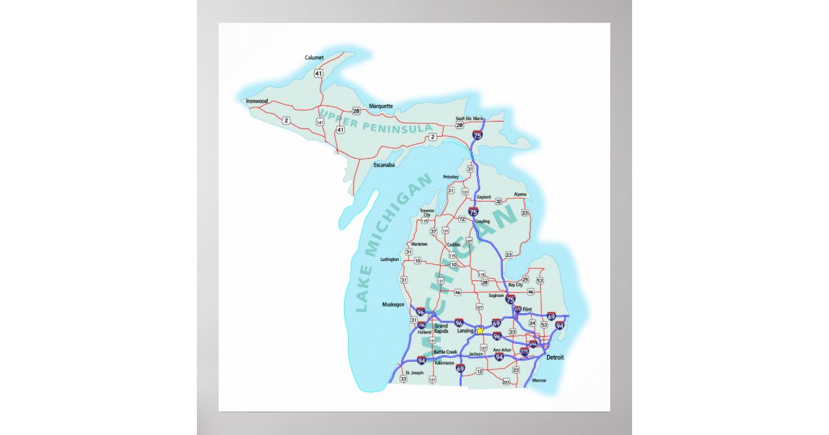 Michigan Interstate Map Print | Zazzle