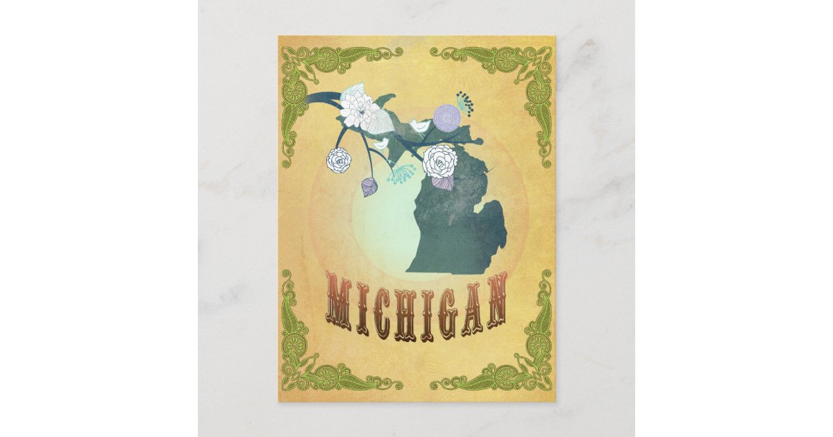 Michigan Map With Lovely Birds Postcard | Zazzle