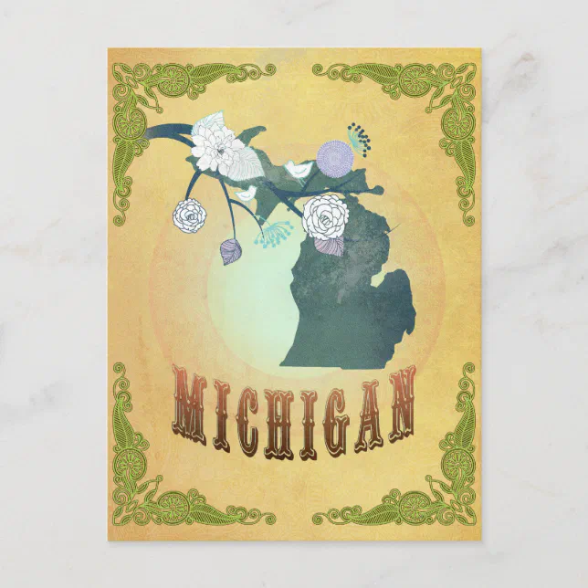 Michigan Map With Lovely Birds Postcard | Zazzle