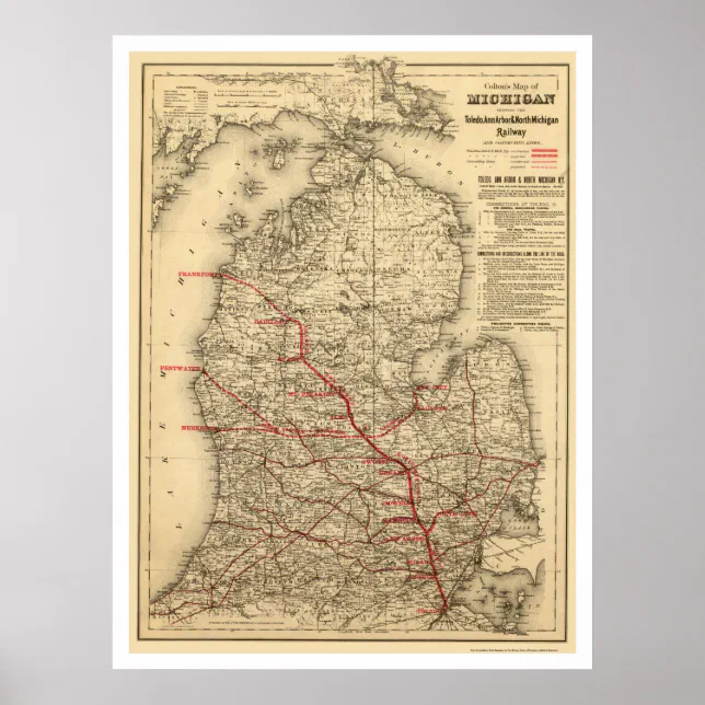 Michigan Railroad Train Map 1886 Poster | Zazzle