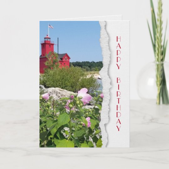 Michigan Red Lighthouse and Hibiscus Card | Zazzle.com