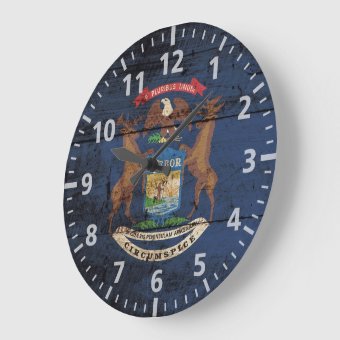 Michigan State Flag on Old Wood Grain Large Clock | Zazzle