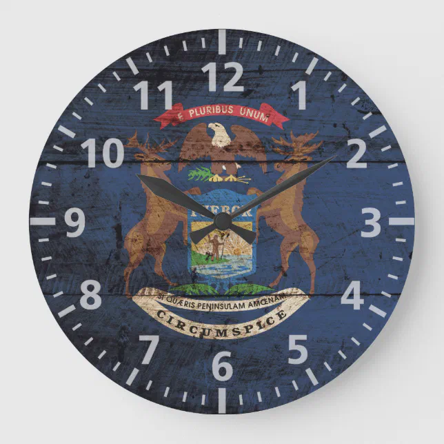 Michigan State Flag on Old Wood Grain Large Clock | Zazzle