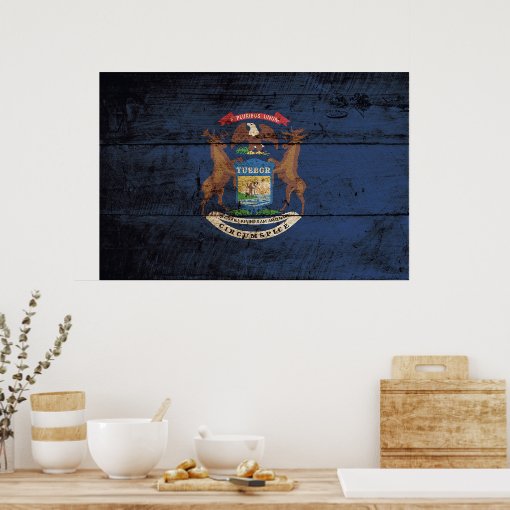 Michigan State Flag on Old Wood Grain Poster | Zazzle