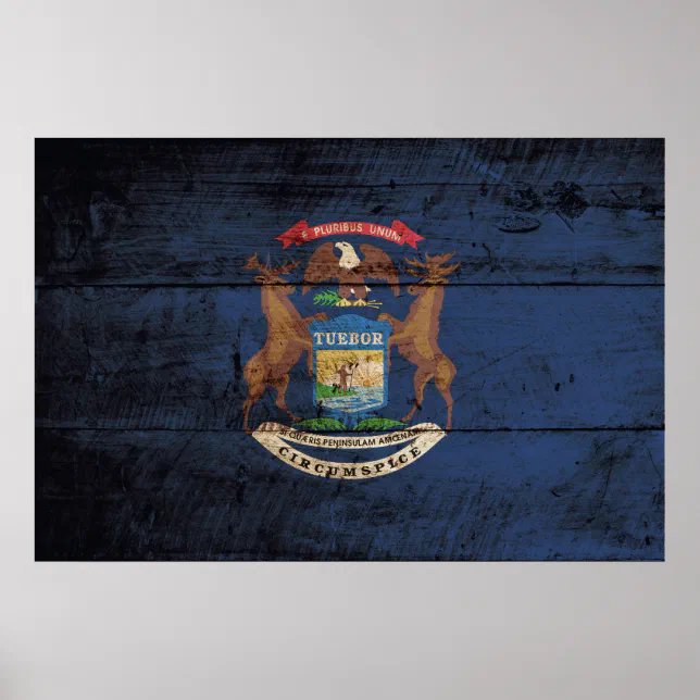Michigan State Flag on Old Wood Grain Poster | Zazzle