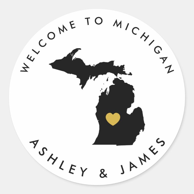 Michigan Wedding Welcome Sticker Tag, Black & Gold | Zazzle