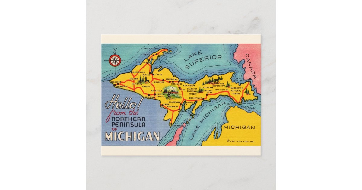 Michigan's Northern Peninsula Map Postcard | Zazzle