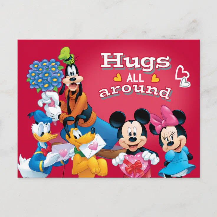 Mickey and Friends Hugs All Around Holiday Postcard | Zazzle