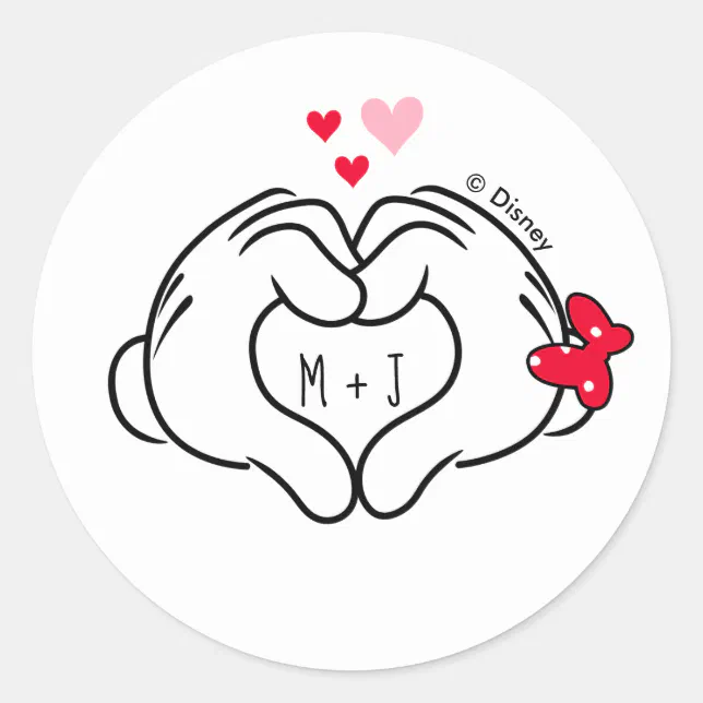 Mickey and Minnie Making Heart Sign with Hands Classic Round Sticker ...