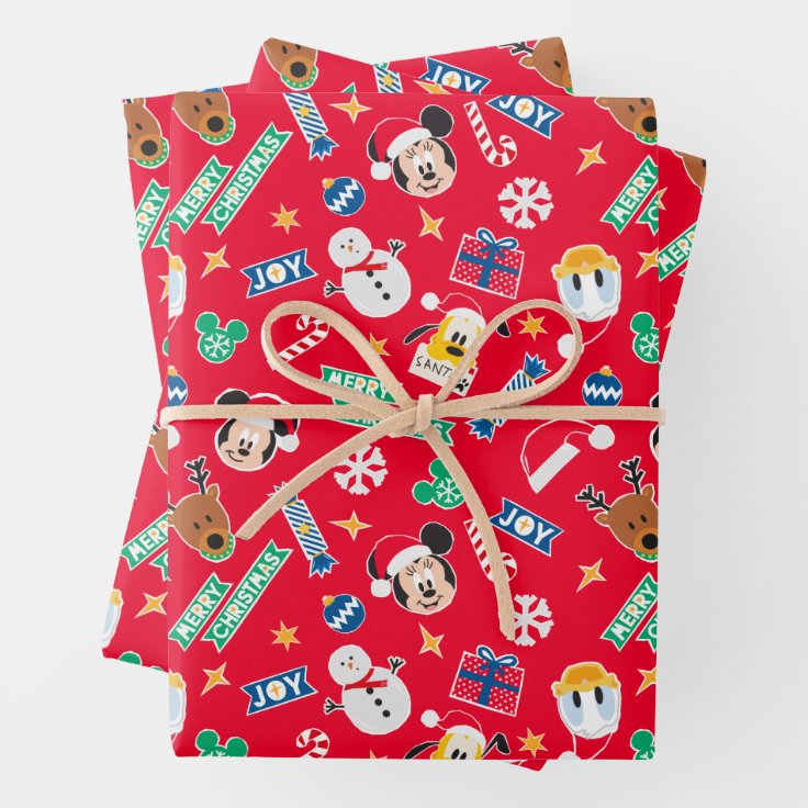 Mickey & Friends Red Merry Christmas Icon Pattern Wrapping Paper Sheets ...