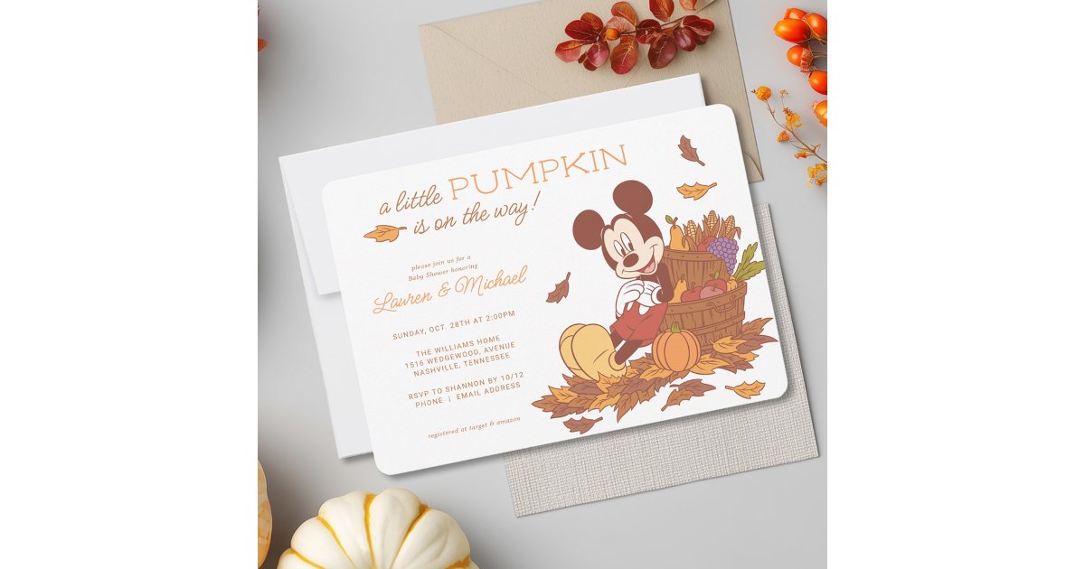 Mickey Mouse Fall Harvest Pumpkin Baby Shower Invitation | Zazzle