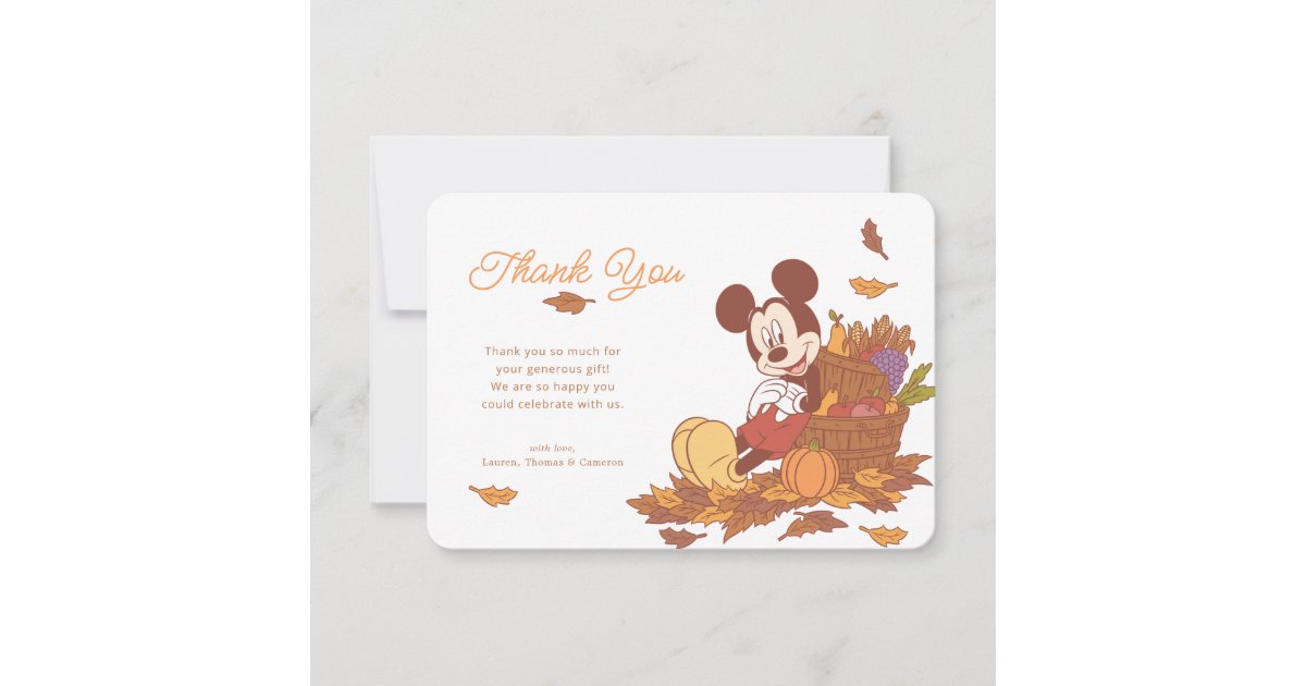Mickey Mouse Fall Harvest Pumpkin Baby Shower Thank You Card | Zazzle
