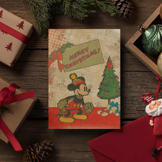 Mickey | Vintage Merry Christmas Holiday Postcard | Zazzle